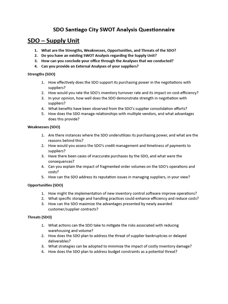 SDO Santiago City SWOT Analysis Questionnaire | PDF | Supply Chain ...