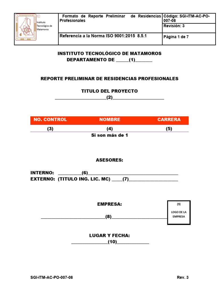 SGI-ITM-AC-PO-007-08FORMATO DE REPORTE PRELIMINAR DE RESIDENCIAS PROFESIONALES | PDF