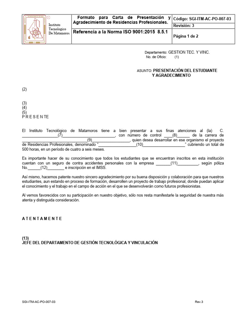SGI-ITM-AC-PO-007-03 CARTA DE PRESENTACIÓN | PDF