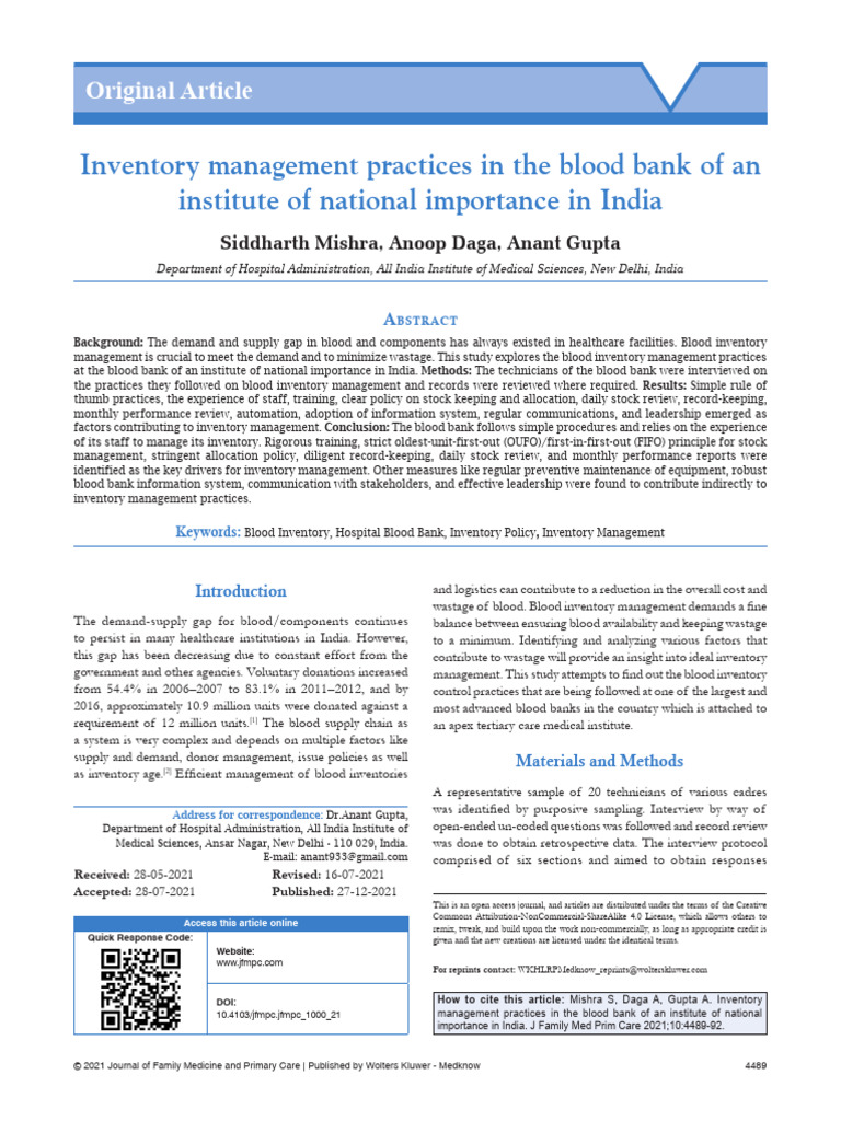 Inventory Management Practices in The Blood Bank.21 | PDF
