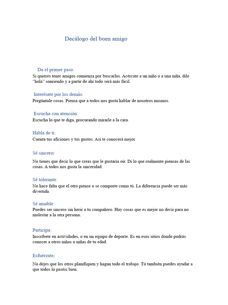 Decálogo del Buen Amigo para Niños | PDF