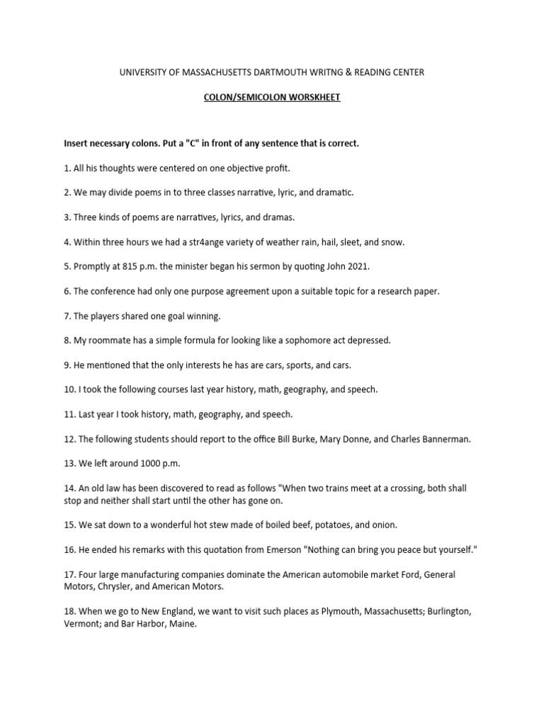 Colon Semicolon Worksheet | PDF