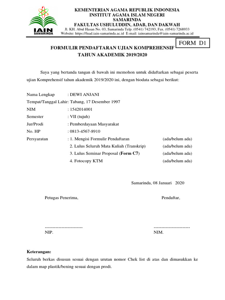 Formulir Ujian Komprehensif IAIN Samarinda | PDF