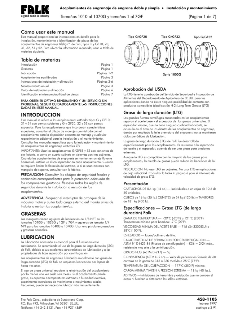 Acople de Engrane Falk PDF | PDF | Engranaje | Rodamiento (Mecánico)