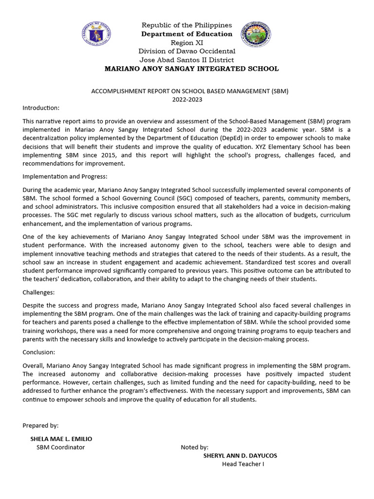 SBM Accmp. Report | PDF | Capacity Building | Cognition