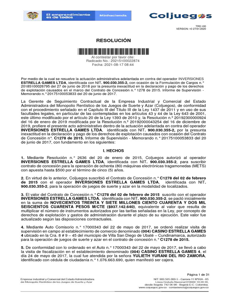 Resolución: ESTRELLA GAMES LTDA, Identificada Con NIT. 900.030.355-2 ...