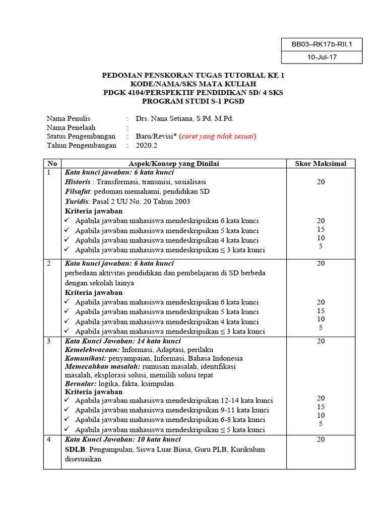 Pedoman Penskoran Tugas Tutorial Ke 1 | PDF