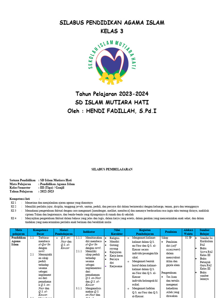 Silabus PAI Kelas 3 - 9 Komponen - 2023-2024 | PDF