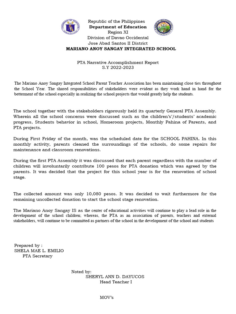 PTA Accomplishment Report S.Y. 2022-2023 | PDF