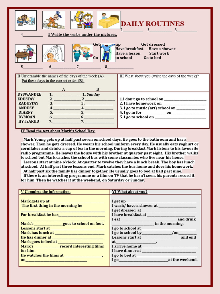 Daily Routines Grammar Drills Picture Description Exercises Readi ...