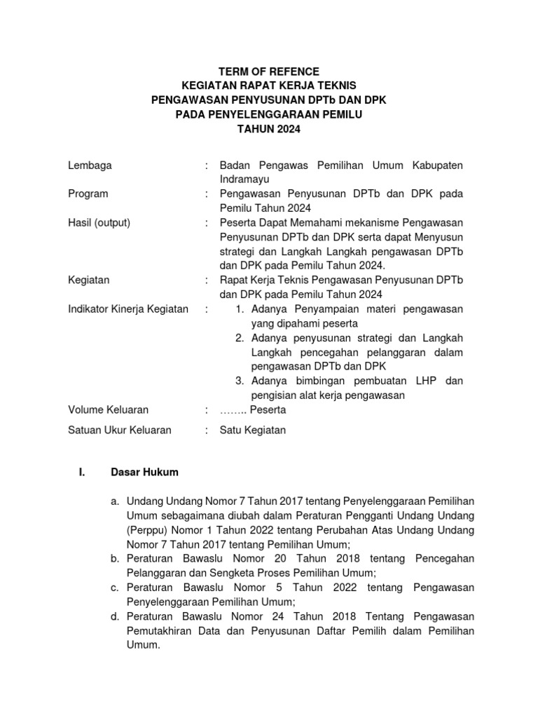 TOR RAKERNIS PENYUSUNAN DPTB DAN DPK PEMILU 2024 KECAMATAN | PDF