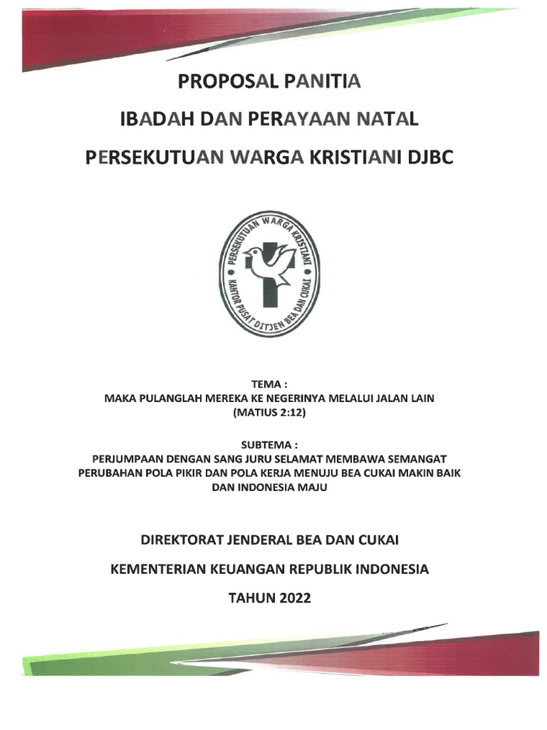Proposal Panitia Ibadah Dan Perayaan Natal PWK DJBC 2022 | PDF