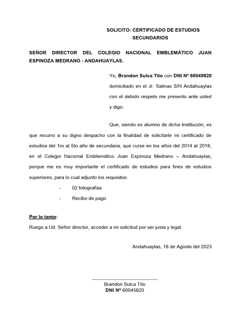 Solicito Certificado de Estudios Secundarios | PDF