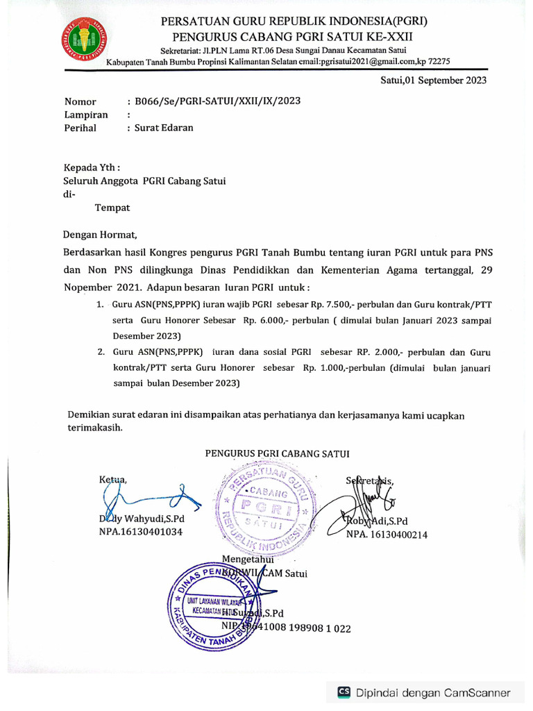 Surat Edaran Iuran PGRI | PDF