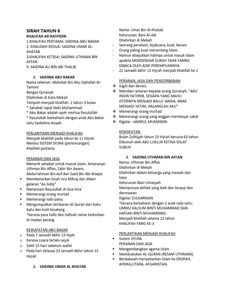 Nota SIRAH TAHUN 6 | PDF