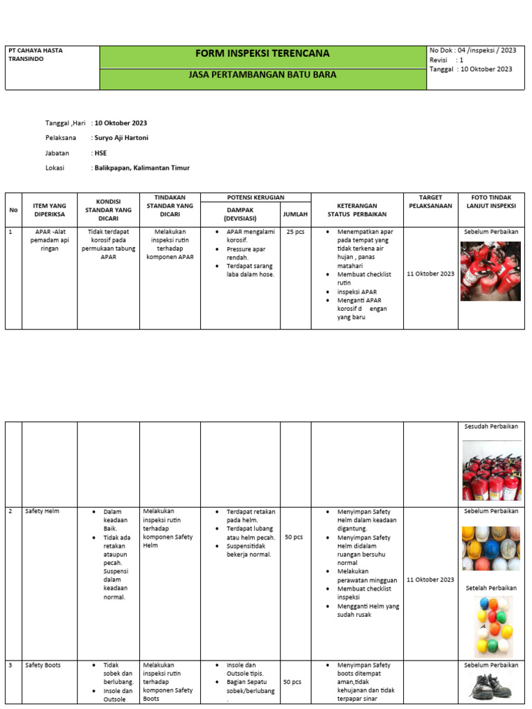 Form Inspeksi Terencana K3 2023 | PDF