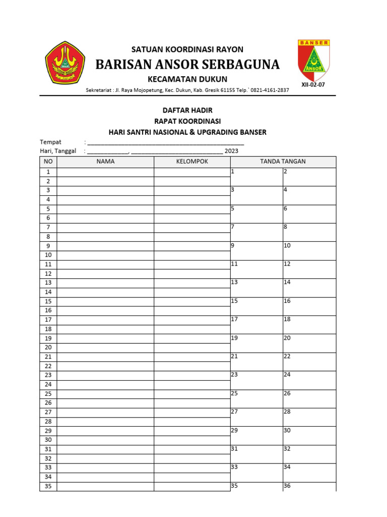 Daftar Hadir Rapat Banser | PDF
