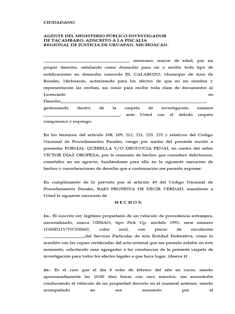 Formato de Querella Por Choque | Descargar gratis PDF | Queja | Ley común