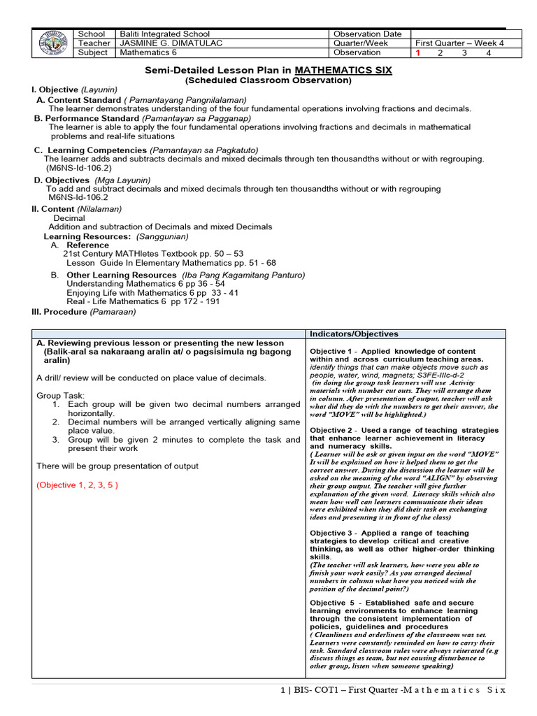 2023 2024 Cot 1 Q1 Week 4 Math 6 Detailed Lesson Plan | PDF