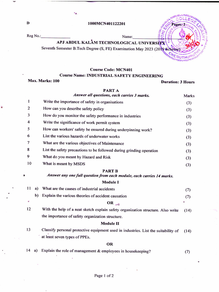 Mcn401 Industrial Safety Engineering Exam Pdf Technology Engineering