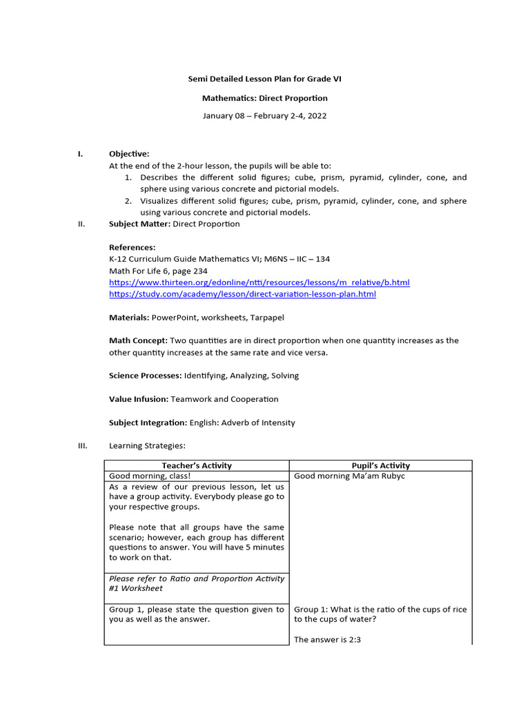 Semi Detailed Lesson Plan For Grade 6 - Mathematics Solid Figure - COT1 | PDF | Lesson Plan ...