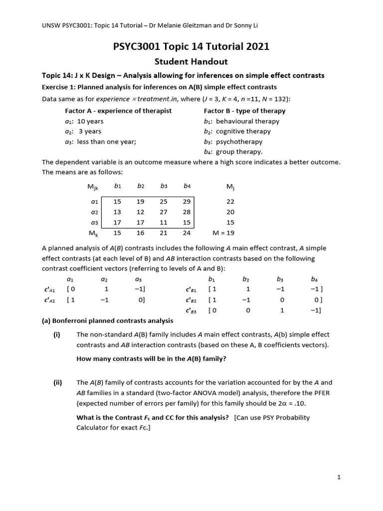 PSYC3001 Topic 14 Tutorial Handout | PDF | Psychotherapy | Statistics