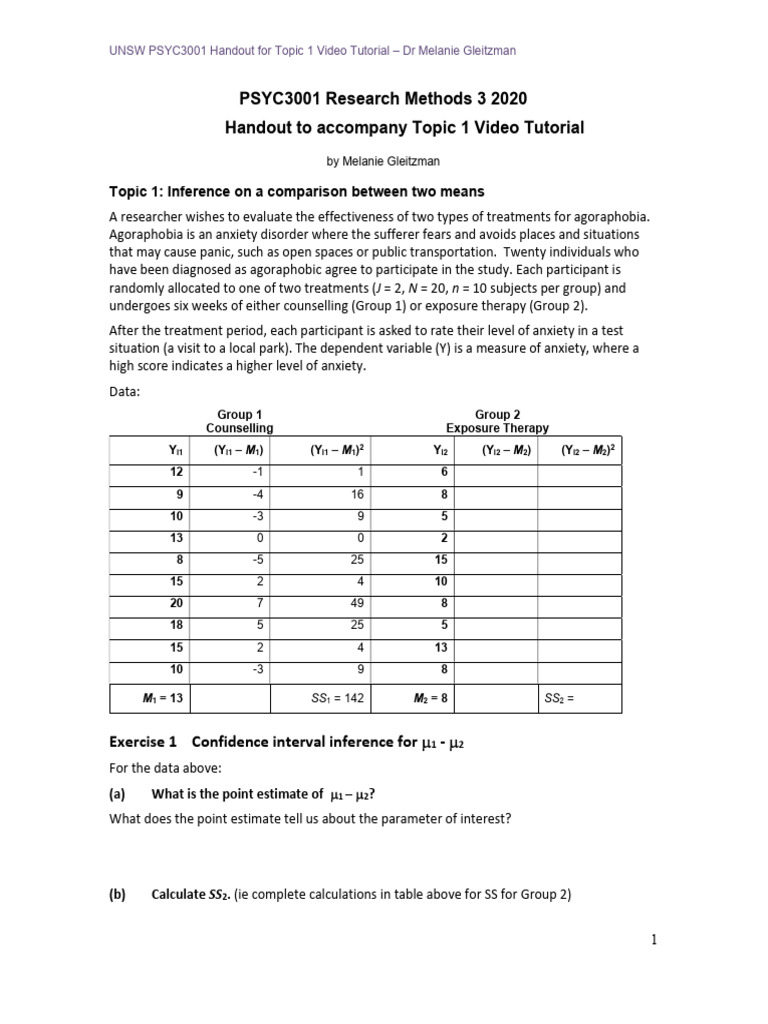 PSYC3001 Topic 1 Video Tutorial Handout | PDF | Student's T Test ...