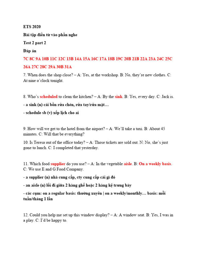 Đáp án điền từ ETS 2020 test 2 part 2 | PDF