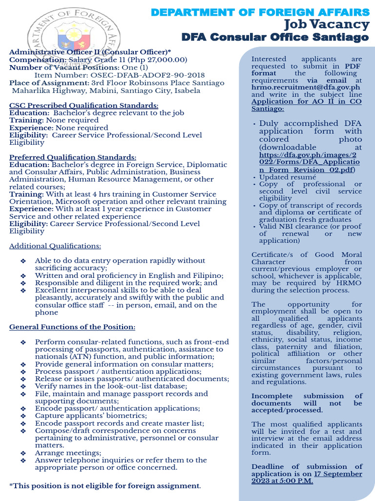 Administrative Officer II Consular Officer - CO Santiagopptx 1 | PDF