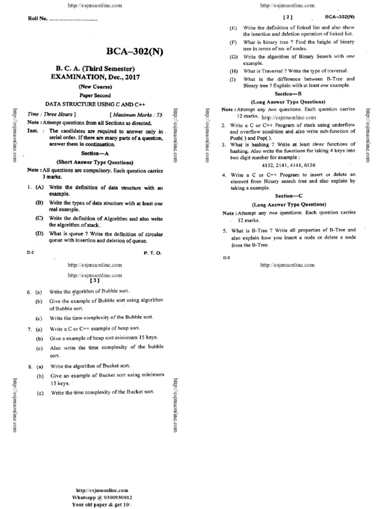 Bca 3 Sem Data Structure Using C and CPP Bca 302n Dec 2017 | PDF