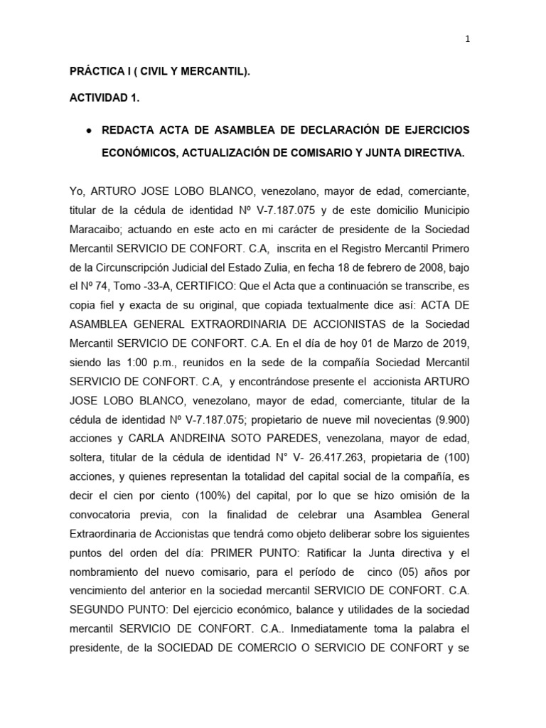 Acta de Asamblea de Declaración de Ejercicios Económicos, Actualización de Comisario y Junta ...