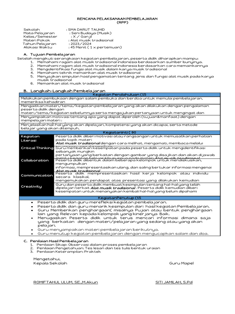 Baru RPP SENI BUDAYA KLS 10 FULL | PDF