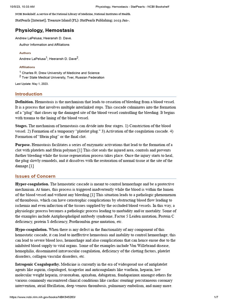Physiology, Hemostasis - StatPearls - NCBI Bookshelf | PDF