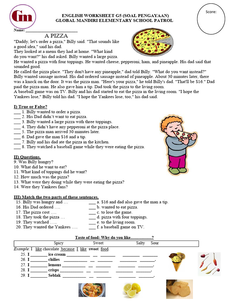ENGLISH WORKSHEET G5 Soal Pengayaan | PDF | Taste | Cooking