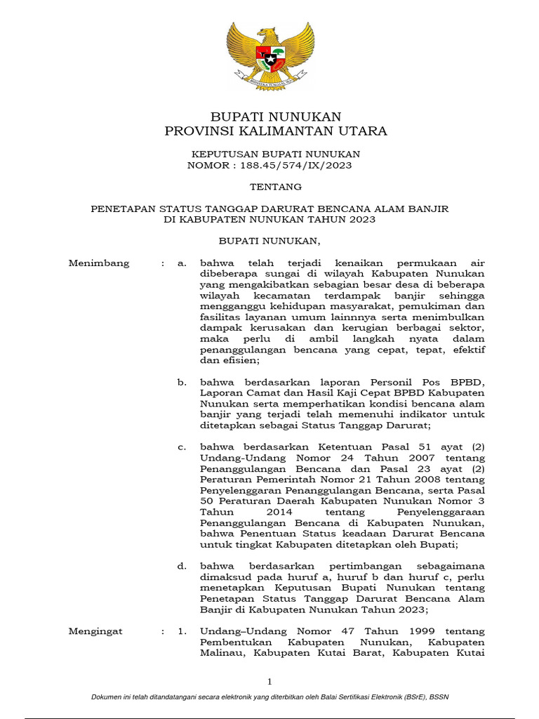 SK Penetapan Status Tanggap Darurat Bencana Alam Banjir Di Kabupaten Nunukan Tahun 2023 | PDF
