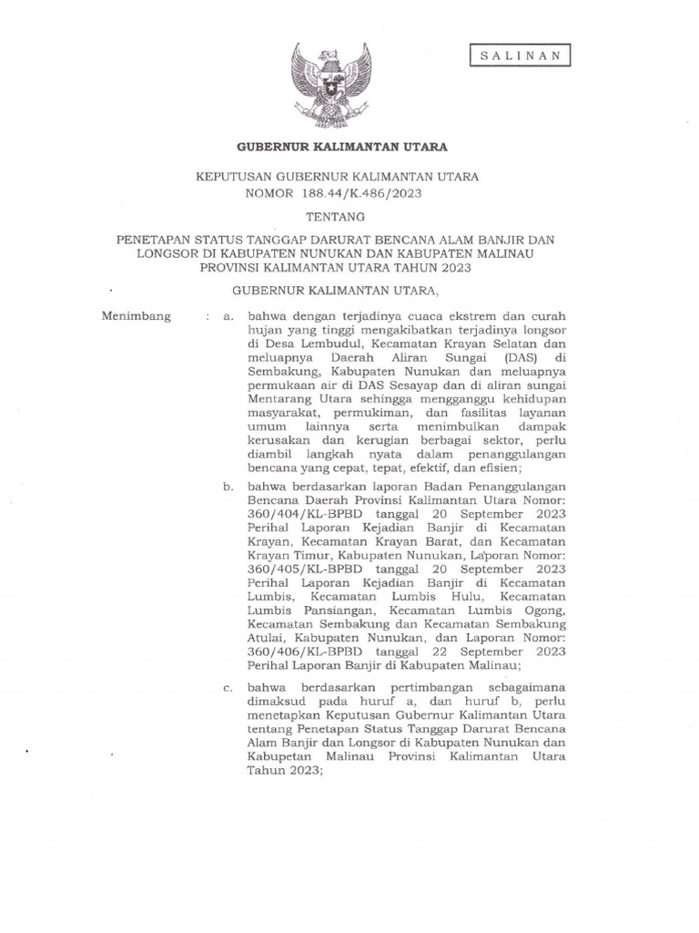 SK Status Tanggap Darurat Banjir Dan Longsor Kaltara | PDF