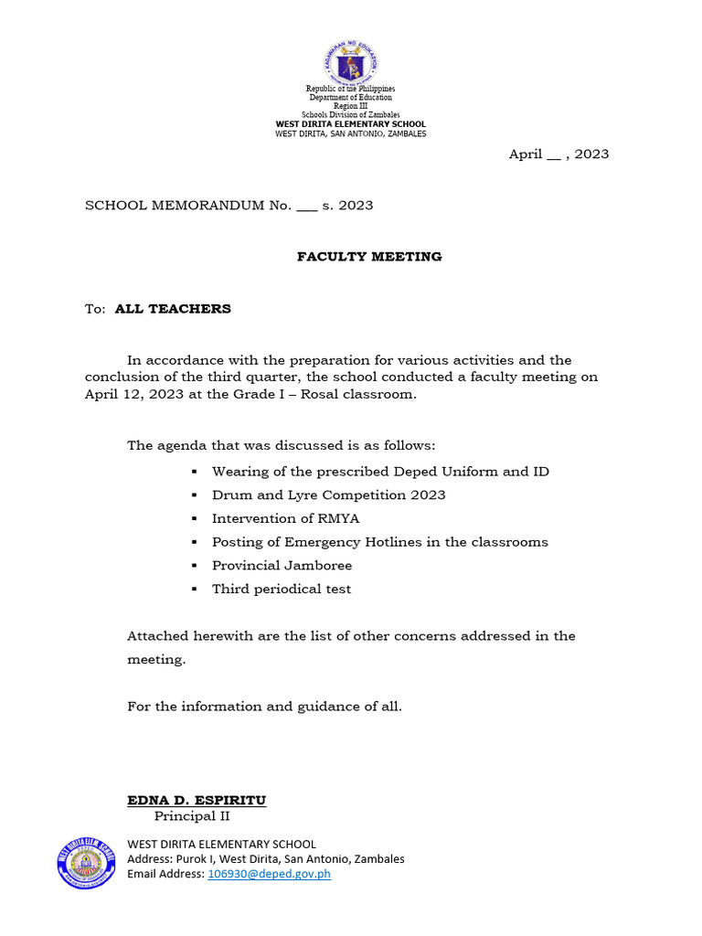 SCHOOL MEMO Meeting | PDF | Behavior Modification | Learning