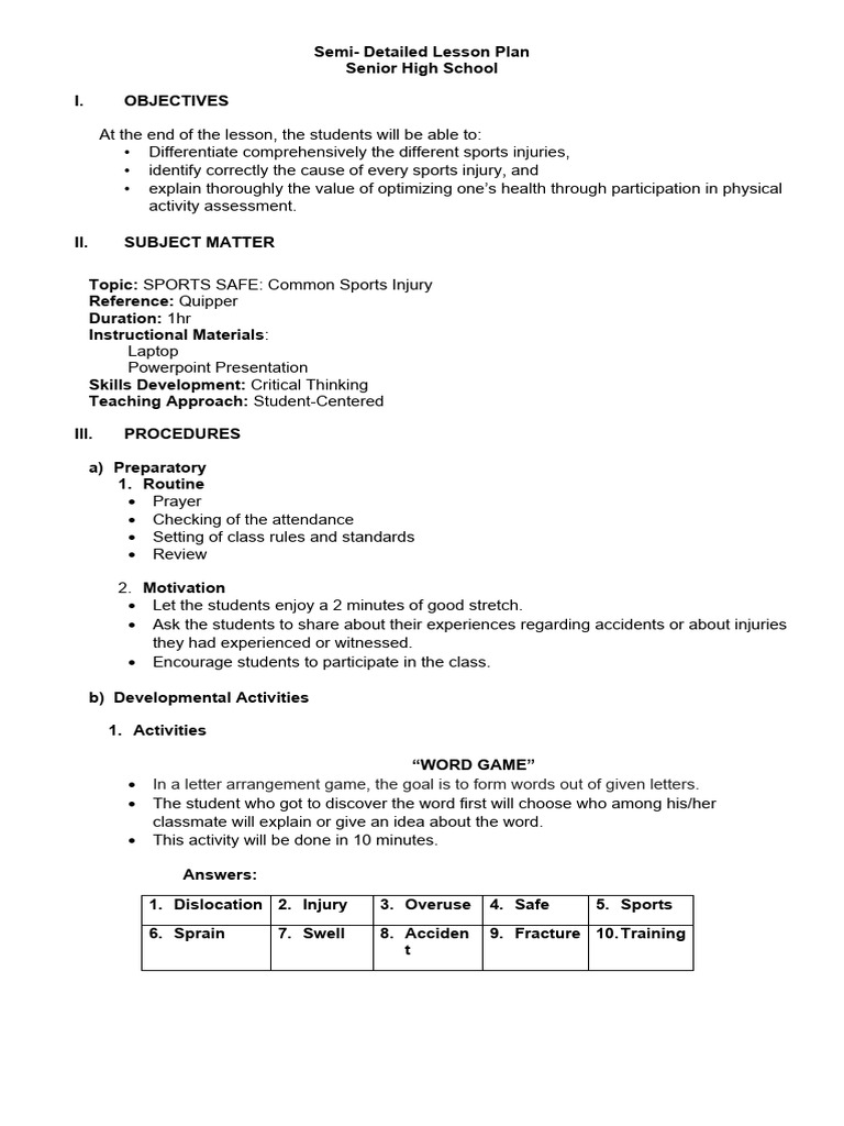 Lesson Plan | Download Free PDF | Injury | Lesson Plan