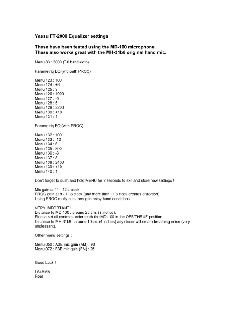 ft-2000 Eq Settings md-100 | PDF