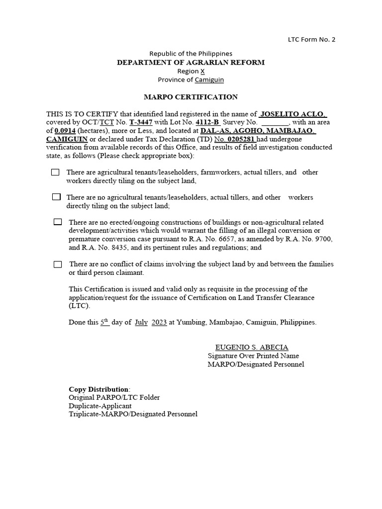 LTC Form 2 Aclo Lot 4412-B | PDF | Justice | Crime & Violence
