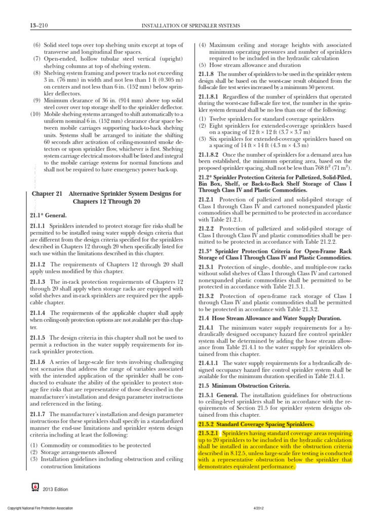 Coverage Area Sprinkler Head NFPA 13, 2013 Edition | PDF | Fire ...