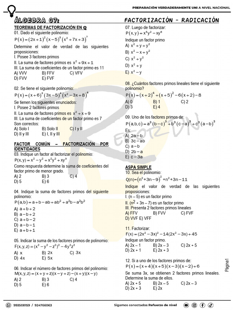 Álgebra 7 | PDF | Factorización | Matemática Elemental