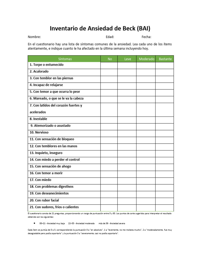 Evaluación de Ansiedad: Inventario BAI | PDF | Relaciones personales ...