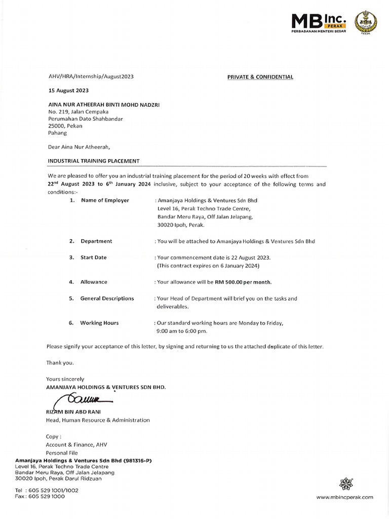 Offer Letter Aina Nur Atheerah | PDF