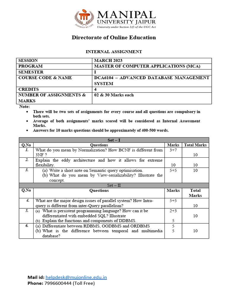 Assignment - DCA6104 - ADBMS - MCA - 1 - Set 1and2 - April2023 | PDF Assignment - DCA6104 - ADBMS - MCA - 1 - Set 1and2 - April2023 | PDF