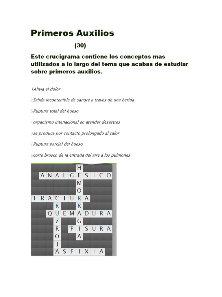 Crucigrama Primeros Auxilios | PDF