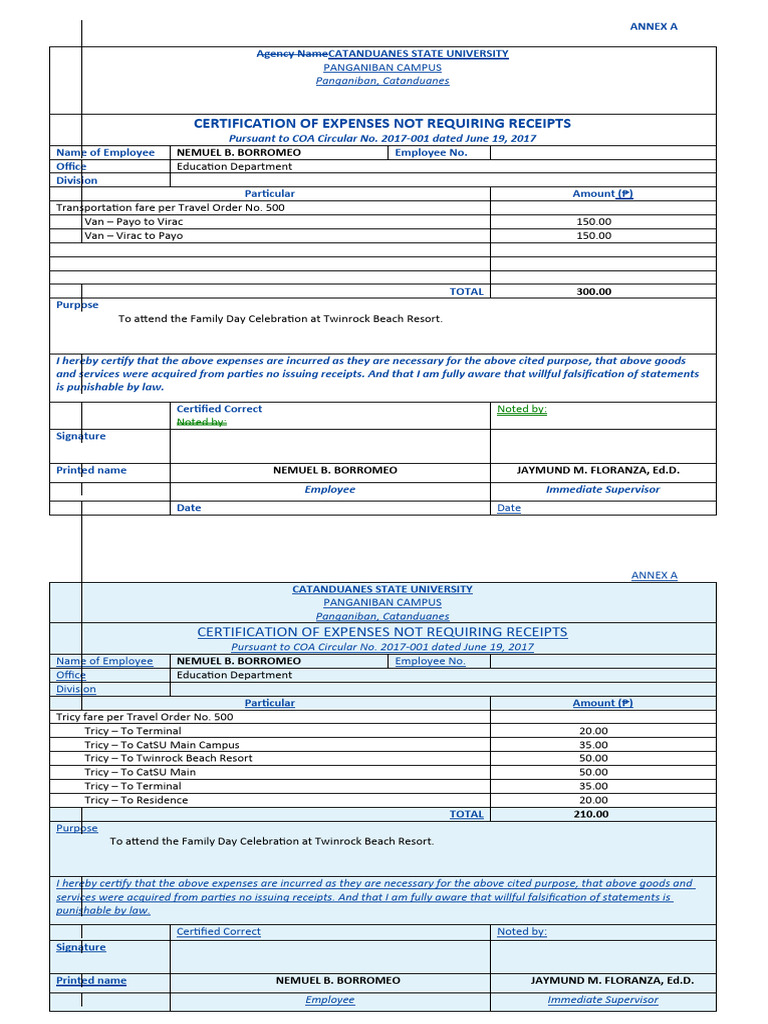 Certification of Expenses No Requiring Receipts - Sirgene - 2 | PDF