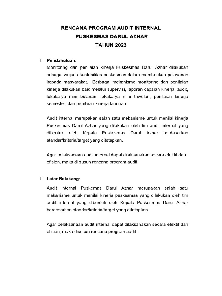 Rencana Audit Internal Puskesmas 2023 | PDF