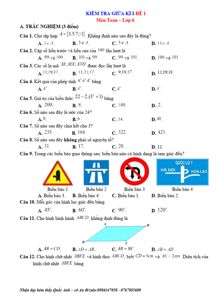 Bo de Thi Giua HK1 Mon Toan 6 Nam 2022 2023 3 Đề | PDF