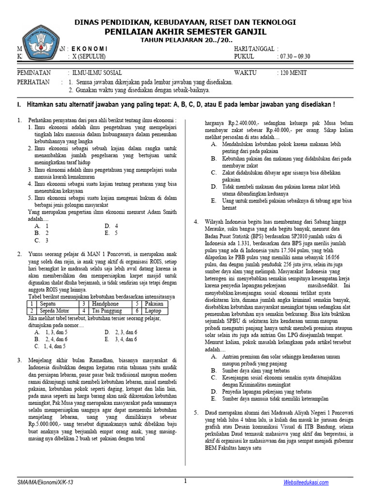 Soal Pas Ekonomi Kelas X | PDF | Perjalanan